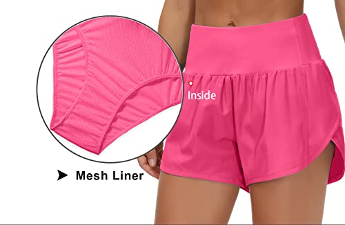 THE GYM PEOPLE Womens High Waisted Running Shorts Quick Dry Athletic Workout Shorts with Mesh Liner Zipper Pockets (Bright Pink, Small)