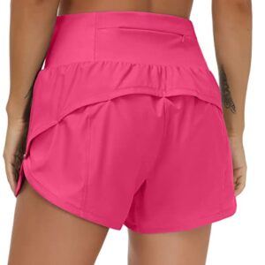 THE GYM PEOPLE Womens High Waisted Running Shorts Quick Dry Athletic Workout Shorts with Mesh Liner Zipper Pockets (Bright Pink, Small)