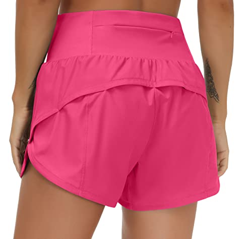 THE GYM PEOPLE Womens High Waisted Running Shorts Quick Dry Athletic Workout Shorts with Mesh Liner Zipper Pockets (Bright Pink, Small)