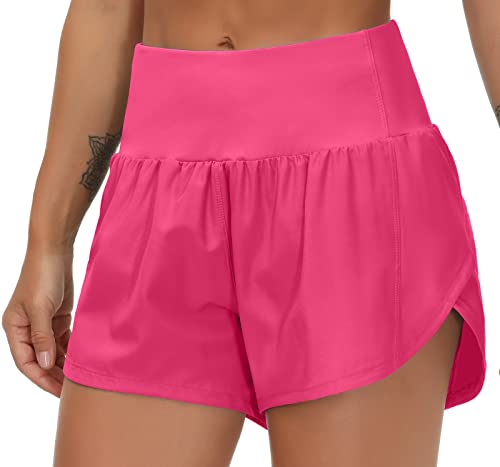 THE GYM PEOPLE Womens High Waisted Running Shorts Quick Dry Athletic Workout Shorts with Mesh Liner Zipper Pockets (Bright Pink, Small)