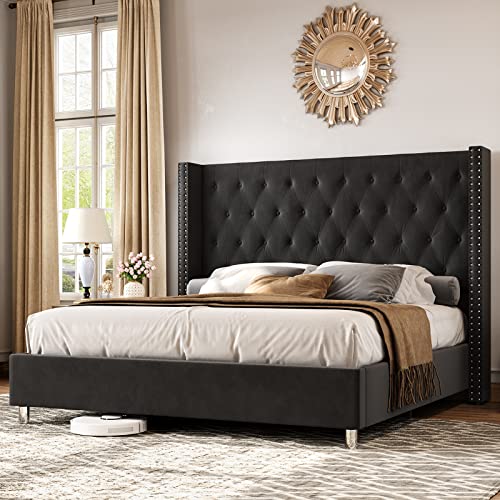 PaPaJet King Bed Frame Upholstered Bed Velvet Low Profile Platform Bed with Raised Wingback Headboard/No Box Spring Needed/Easy Assembly/Black