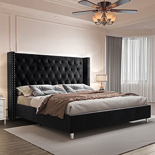 PaPaJet King Bed Frame Upholstered Bed Velvet Low Profile Platform Bed with Raised Wingback Headboard/No Box Spring Needed/Easy Assembly/Black