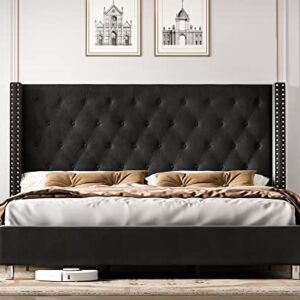 PaPaJet King Bed Frame Upholstered Bed Velvet Low Profile Platform Bed with Raised Wingback Headboard/No Box Spring Needed/Easy Assembly/Black