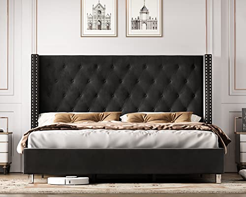 PaPaJet King Bed Frame Upholstered Bed Velvet Low Profile Platform Bed with Raised Wingback Headboard/No Box Spring Needed/Easy Assembly/Black