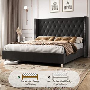 PaPaJet King Bed Frame Upholstered Bed Velvet Low Profile Platform Bed with Raised Wingback Headboard/No Box Spring Needed/Easy Assembly/Black