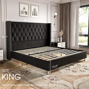 PaPaJet King Bed Frame Upholstered Bed Velvet Low Profile Platform Bed with Raised Wingback Headboard/No Box Spring Needed/Easy Assembly/Black