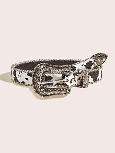 Verdusa Women's Cow Print Leather Belts Vintage Weatern Waist Belt Black and White 80