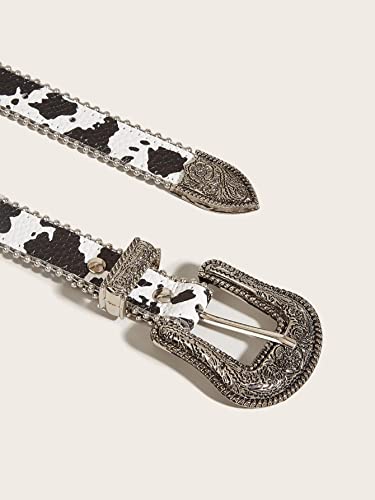 Verdusa Women's Cow Print Leather Belts Vintage Weatern Waist Belt Black and White 80