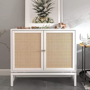 AWQM 2pcs Rattan Sideboard Buffet Cabinet with Storage,Kithchen Accent Storage Cabinet with Doors Console Table with Adjustable Shelves,Wood Console Cabinet for Dining Room,Living Room,White