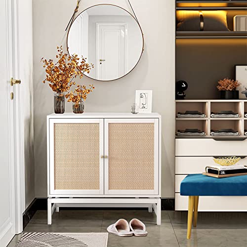 AWQM 2pcs Rattan Sideboard Buffet Cabinet with Storage,Kithchen Accent Storage Cabinet with Doors Console Table with Adjustable Shelves,Wood Console Cabinet for Dining Room,Living Room,White