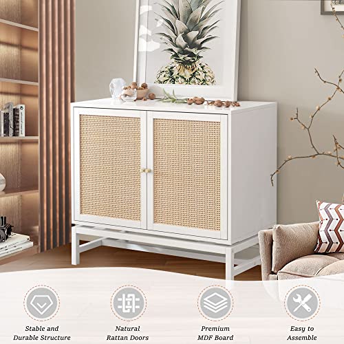 AWQM 2pcs Rattan Sideboard Buffet Cabinet with Storage,Kithchen Accent Storage Cabinet with Doors Console Table with Adjustable Shelves,Wood Console Cabinet for Dining Room,Living Room,White