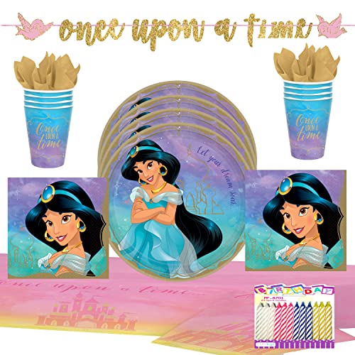 Disney Princess Jasmine Birthday Party Supplies Pack Serves 16 Guests | Decorations | Aladdin | Jasmine Party Supplies Plates Napkins Cups Table Cover and Banner with Birthday Candles | Princess Jasmine Party Supplies for 16 Guests