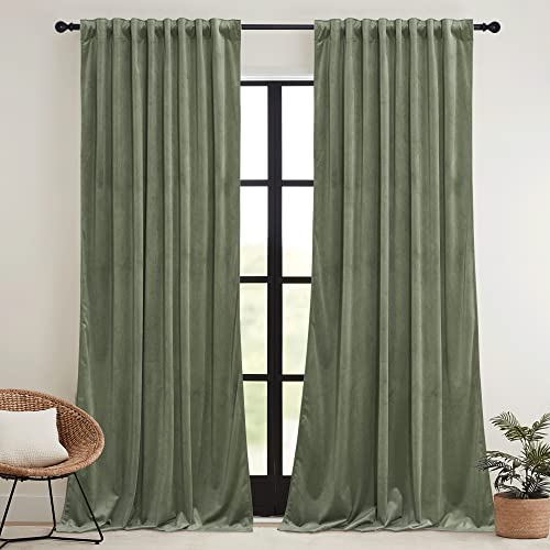 RYB HOME Sage Green Velvet Curtains 84 inch, Room Darkening Super Soft Velvet Drapes for Living Room Thermal Insulated Pleat Tapes Window Treatment for Bedroom Playroom, W52 x L84 inch, 2 Panels