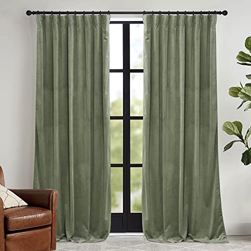 RYB HOME Sage Green Velvet Curtains 84 inch, Room Darkening Super Soft Velvet Drapes for Living Room Thermal Insulated Pleat Tapes Window Treatment for Bedroom Playroom, W52 x L84 inch, 2 Panels