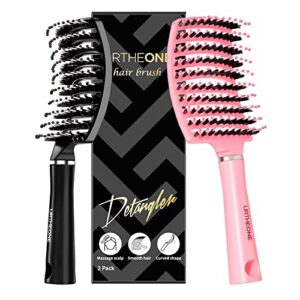 hair brush,urtheone detangling hairbrush boar bristle curved vented hair brush for women men kids curly thick long short wet or dry hair, faster blow drying(2pack, black&pink)