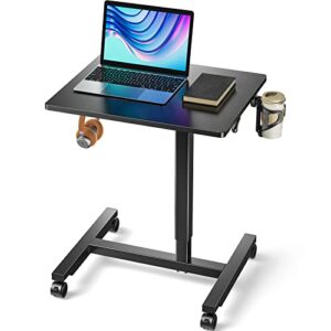 ergear laptop mobile standing desk, height adjustable laptop desk with wheels, pneumatic mobile desk with hook and cup holder, rolling desk for home office workstation for standing or sitting, black