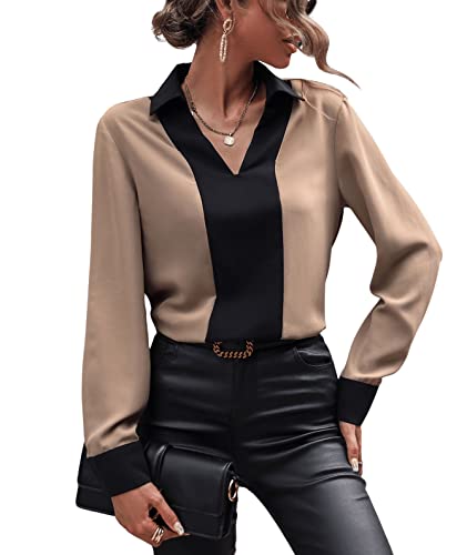 SweatyRocks Women's Color Block Long Sleeve Collar V Neck Shirt Casual Office Work Pullover Blouse Top Apricot S