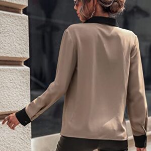 SweatyRocks Women's Color Block Long Sleeve Collar V Neck Shirt Casual Office Work Pullover Blouse Top Apricot S