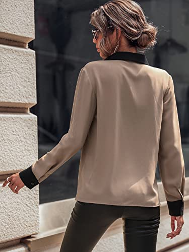 SweatyRocks Women's Color Block Long Sleeve Collar V Neck Shirt Casual Office Work Pullover Blouse Top Apricot S