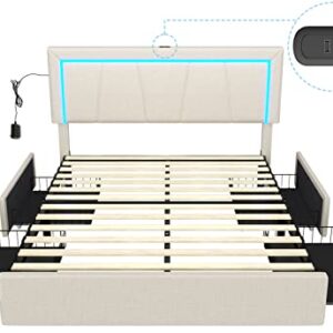 DICTAC Queen Bed Frame with LED Headboard and 4 Storage Drawers Upholstered Platform Bed Frame with USB Ports and Led Lights Modern Queen Size Led Bed Frame,Linen Fabric,No Box Spring Needed,Off White