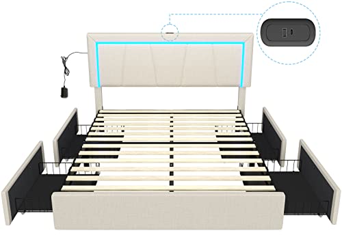 DICTAC Queen Bed Frame with LED Headboard and 4 Storage Drawers Upholstered Platform Bed Frame with USB Ports and Led Lights Modern Queen Size Led Bed Frame,Linen Fabric,No Box Spring Needed,Off White