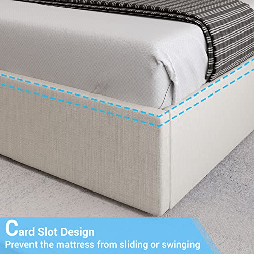 DICTAC Queen Bed Frame with LED Headboard and 4 Storage Drawers Upholstered Platform Bed Frame with USB Ports and Led Lights Modern Queen Size Led Bed Frame,Linen Fabric,No Box Spring Needed,Off White