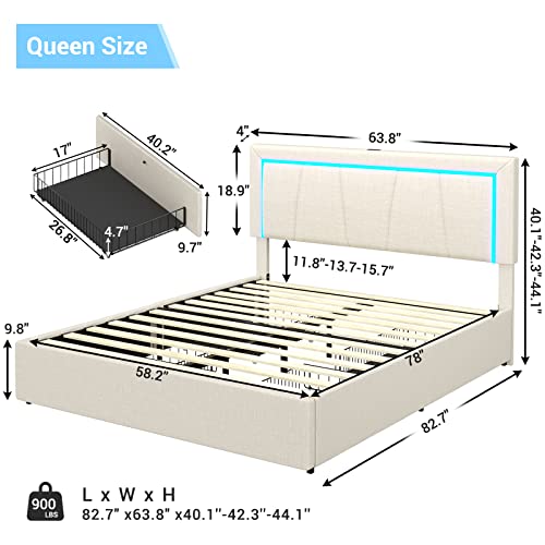 DICTAC Queen Bed Frame with LED Headboard and 4 Storage Drawers Upholstered Platform Bed Frame with USB Ports and Led Lights Modern Queen Size Led Bed Frame,Linen Fabric,No Box Spring Needed,Off White