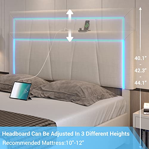 DICTAC Queen Bed Frame with LED Headboard and 4 Storage Drawers Upholstered Platform Bed Frame with USB Ports and Led Lights Modern Queen Size Led Bed Frame,Linen Fabric,No Box Spring Needed,Off White