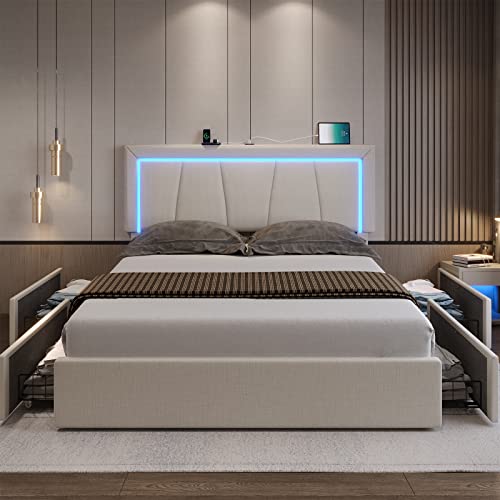 DICTAC Queen Bed Frame with LED Headboard and 4 Storage Drawers Upholstered Platform Bed Frame with USB Ports and Led Lights Modern Queen Size Led Bed Frame,Linen Fabric,No Box Spring Needed,Off White