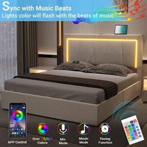 DICTAC Queen Bed Frame with LED Headboard and 4 Storage Drawers Upholstered Platform Bed Frame with USB Ports and Led Lights Modern Queen Size Led Bed Frame,Linen Fabric,No Box Spring Needed,Off White