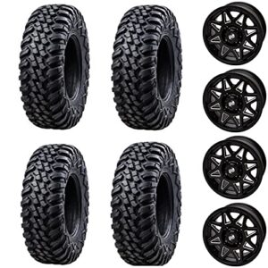 four 28x10-14 tusk terrabite heavy duty 8-ply radial utv tires mounted on tusk tintic wheels - for kawasaki teryx 750 800 - includes lug nuts (4+3 wheel offset, milled black)