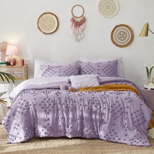 geniospin full comforter set 8 pieces, bed in a bag with comforters, sheets, pillowcases & shams - pom tufted design microfiber, all season down alternative bedding sets (purple, 80 x 90 inches)