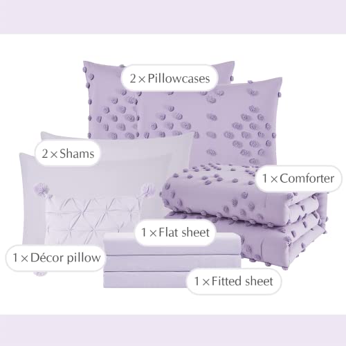 Geniospin Full Comforter Set 8 Pieces, Bed in A Bag with Comforters, Sheets, Pillowcases & Shams - Pom Tufted Design Microfiber, All Season Down Alternative Bedding Sets (Purple, 80 x 90 Inches)