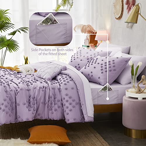 Geniospin Full Comforter Set 8 Pieces, Bed in A Bag with Comforters, Sheets, Pillowcases & Shams - Pom Tufted Design Microfiber, All Season Down Alternative Bedding Sets (Purple, 80 x 90 Inches)