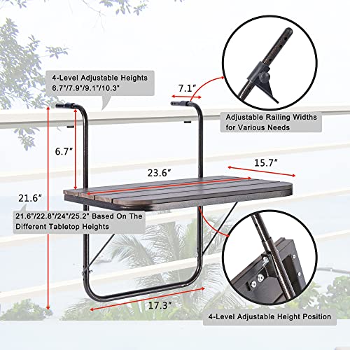 Balcony Railing Table Outdoor Hanging Folding Balcony Bar Table for Railings Patio Table on Railing Aluminium Metal Side Table Adjustable 23.6"(L) x 15.7"(W) Brown