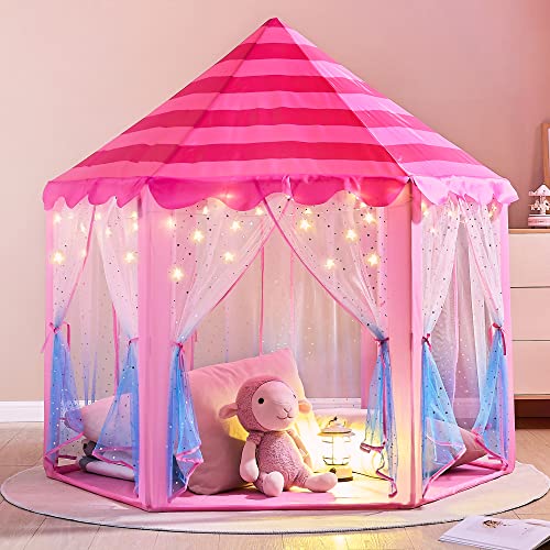 KIDAMI Princess Tent 55" x 53" Large Playhouse for Kids, Barbie Tent Pink Castle, Toddlers Play Tent with Star Lights and Carry Bag, Birthday Gifts and Toys for Girls Indoor and Outdoor