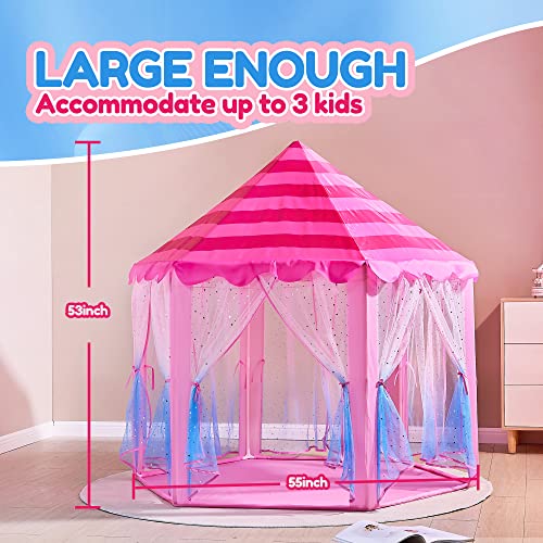 KIDAMI Princess Tent 55" x 53" Large Playhouse for Kids, Barbie Tent Pink Castle, Toddlers Play Tent with Star Lights and Carry Bag, Birthday Gifts and Toys for Girls Indoor and Outdoor