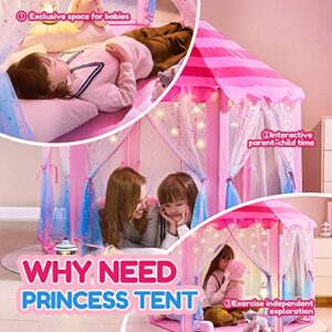 KIDAMI Princess Tent 55" x 53" Large Playhouse for Kids, Barbie Tent Pink Castle, Toddlers Play Tent with Star Lights and Carry Bag, Birthday Gifts and Toys for Girls Indoor and Outdoor