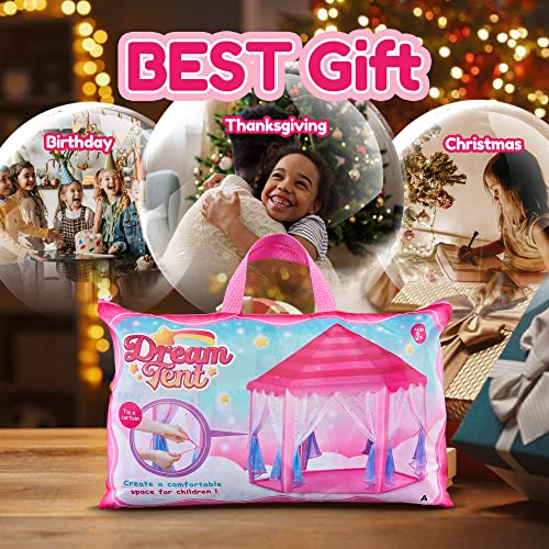 KIDAMI Princess Tent 55" x 53" Large Playhouse for Kids, Barbie Tent Pink Castle, Toddlers Play Tent with Star Lights and Carry Bag, Birthday Gifts and Toys for Girls Indoor and Outdoor