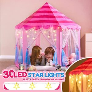 KIDAMI Princess Tent 55" x 53" Large Playhouse for Kids, Barbie Tent Pink Castle, Toddlers Play Tent with Star Lights and Carry Bag, Birthday Gifts and Toys for Girls Indoor and Outdoor