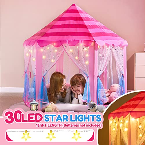 KIDAMI Princess Tent 55" x 53" Large Playhouse for Kids, Barbie Tent Pink Castle, Toddlers Play Tent with Star Lights and Carry Bag, Birthday Gifts and Toys for Girls Indoor and Outdoor