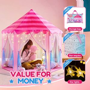 KIDAMI Princess Tent 55" x 53" Large Playhouse for Kids, Barbie Tent Pink Castle, Toddlers Play Tent with Star Lights and Carry Bag, Birthday Gifts and Toys for Girls Indoor and Outdoor