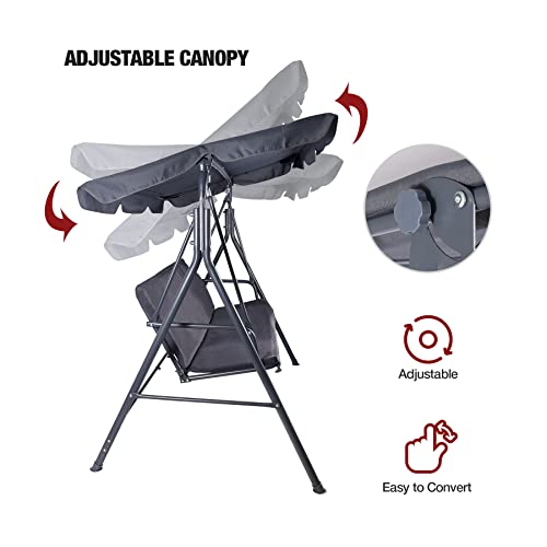 RedSwing 3 Seat Canopy Swing Outdoor, Patio Swing Chair for Porch with Removable Cushions and Adjustable Canopy, Outdoor Porch Garden Swing Glider, Grey