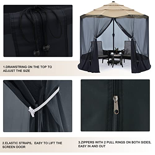 COOSHADE 7.5-11FT Patio Umbrella Mosquito Netting Polyester Screen Mesh Net for Outdoor Umbrella with Zipper Door and Weight Bag Black