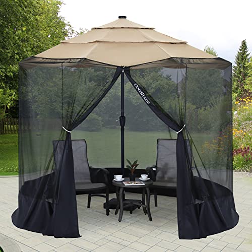 COOSHADE 7.5-11FT Patio Umbrella Mosquito Netting Polyester Screen Mesh Net for Outdoor Umbrella with Zipper Door and Weight Bag Black