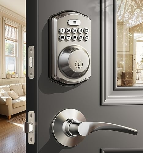 Veise Keyless Entry Door Lock with 2 Lever Handles - Electronic Keypad Deadbolt, Auto Lock, Easy Installation Digital Smart Code Door Lock, Front Door Handle Set, Satin Nickel