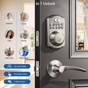 Veise Keyless Entry Door Lock with 2 Lever Handles - Electronic Keypad Deadbolt, Auto Lock, Easy Installation Digital Smart Code Door Lock, Front Door Handle Set, Satin Nickel