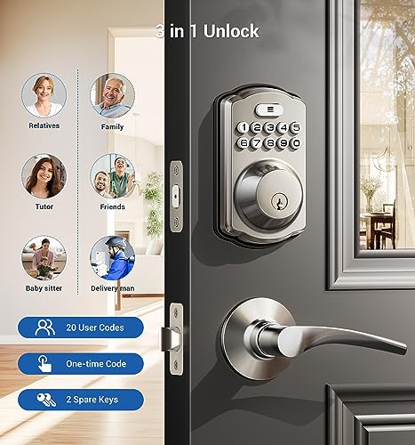 Veise Keyless Entry Door Lock with 2 Lever Handles - Electronic Keypad Deadbolt, Auto Lock, Easy Installation Digital Smart Code Door Lock, Front Door Handle Set, Satin Nickel