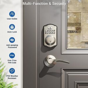 Veise Keyless Entry Door Lock with 2 Lever Handles - Electronic Keypad Deadbolt, Auto Lock, Easy Installation Digital Smart Code Door Lock, Front Door Handle Set, Satin Nickel