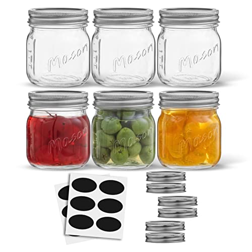 JoyJolt 8 Oz Mason Jars With Lids, Labels and Measures! 6-Pack Regular Mouth Mason Jars, Glass Jar with Lid and Band. Airtight Canning Jars, Overnight Oats Jars, Salad Jars, Sourdough Starter Jar